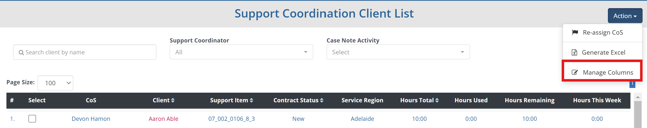 Support Coordination Client List - Filter and Sort