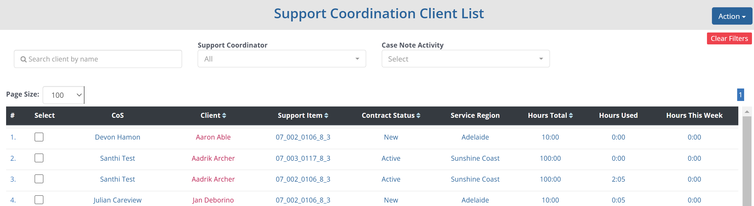 Support Coordination Client List - Filter and Sort